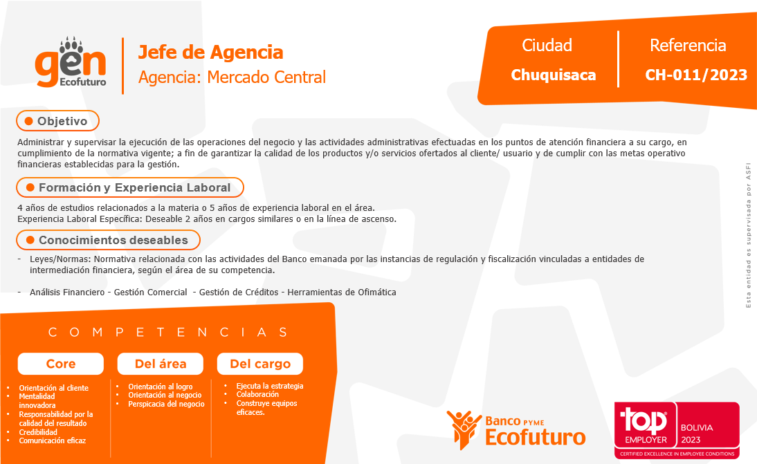 JEFE DE AGENCIA | Trabajando Bolivia